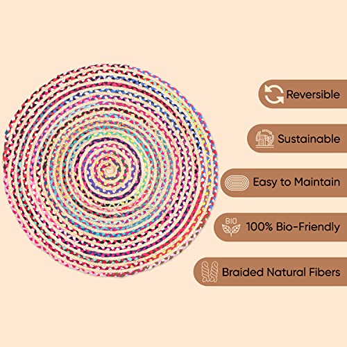 INDIAN ARTISTIC Jute Cotton Multi Chindi Round Rag Rug 3X3' | Hand Woven Rug & Reversible Rug | Cotton Rag Rug | Handmade Multicolored Reversible Braided Rag Rug | Runner Rugs (Round Shape)