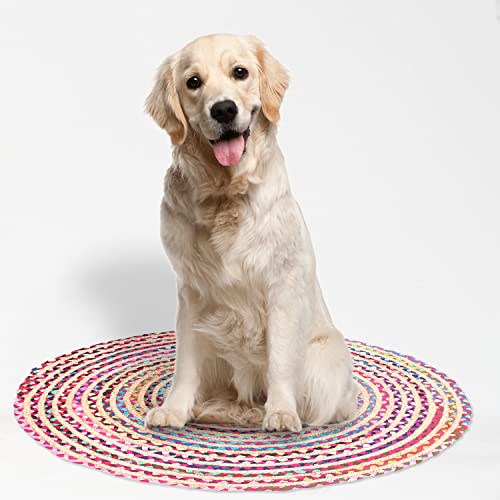 INDIAN ARTISTIC Jute Cotton Multi Chindi Round Rag Rug 3X3' | Hand Woven Rug & Reversible Rug | Cotton Rag Rug | Handmade Multicolored Reversible Braided Rag Rug | Runner Rugs (Round Shape)