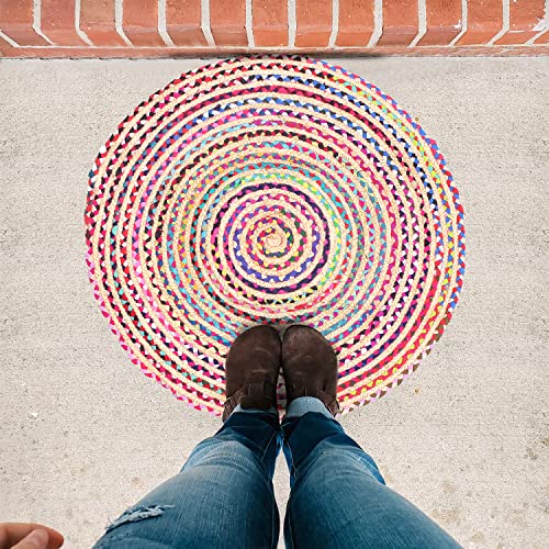 INDIAN ARTISTIC Jute Cotton Multi Chindi Round Rag Rug 3X3' | Hand Woven Rug & Reversible Rug | Cotton Rag Rug | Handmade Multicolored Reversible Braided Rag Rug | Runner Rugs (Round Shape)
