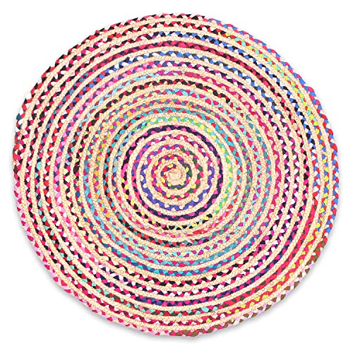 INDIAN ARTISTIC Jute Cotton Multi Chindi Round Rag Rug 3X3' | Hand Woven Rug & Reversible Rug | Cotton Rag Rug | Handmade Multicolored Reversible Braided Rag Rug | Runner Rugs (Round Shape)