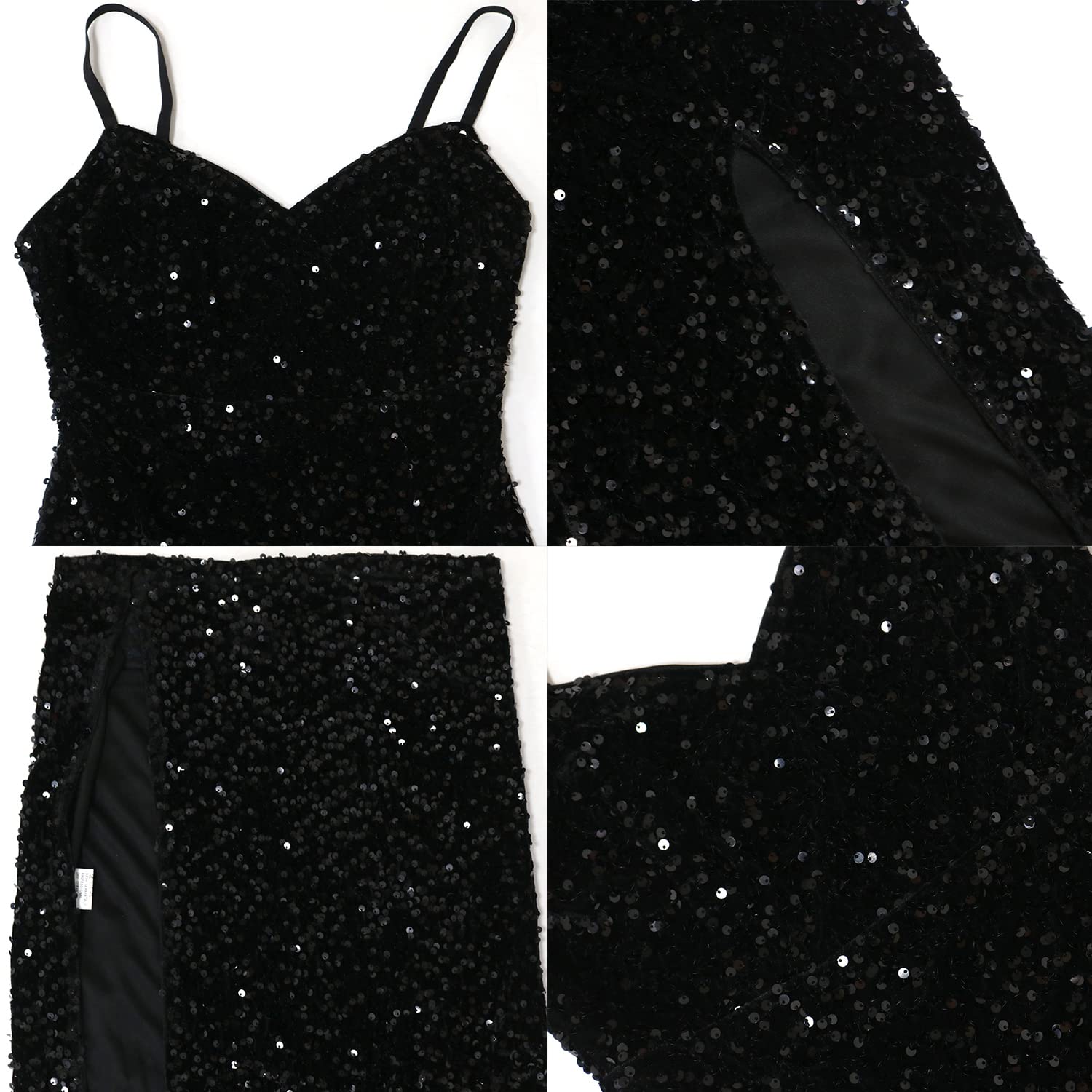 Ranfare Women's Sexy V Neck Bodycon Sequin Gown Evening Dress with Slit (Black-3-L)