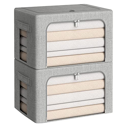 Clothes Storage Bins Box - Linen Fabric Foldable Stackable Container Organizer Set with Clear Window & Carry Handles & Metal Frame - 2Pack Large Capacity for Bedding, Blankets, Toys, Books (Light Grey, Medium-36L)