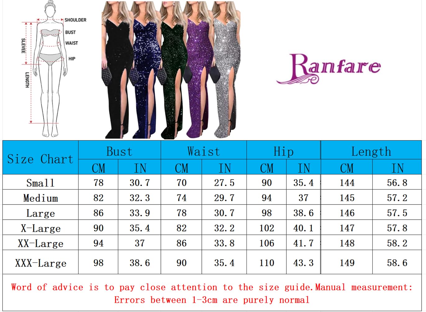 Ranfare Women's Sexy V Neck Bodycon Sequin Gown Evening Dress with Slit (Black-3-L)
