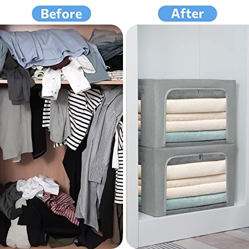 Clothes Storage Bins Box - Linen Fabric Foldable Stackable Container Organizer Set with Clear Window & Carry Handles & Metal Frame - 2Pack Large Capacity for Bedding, Blankets, Toys, Books (Light Grey, Medium-36L)