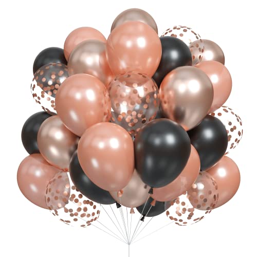 Rose Gold Black Balloons, 60 Pcs Metallic Rose Gold Matte Black Pearl Rose Gold Confetti Latex Balloons, Black Rose Gold Party Balloons for Women Girls Birthday Baby Bridal Shower Wedding Decoration