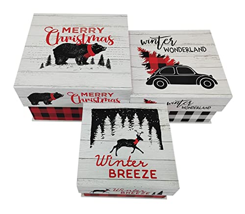 VOTUM Set of 3 Nesting Holiday Storage Boxes - Decorative Treasure Chest Stackable Paperboard Containers with Fitted Lids and Seasonal Sayings - Mountain Holiday