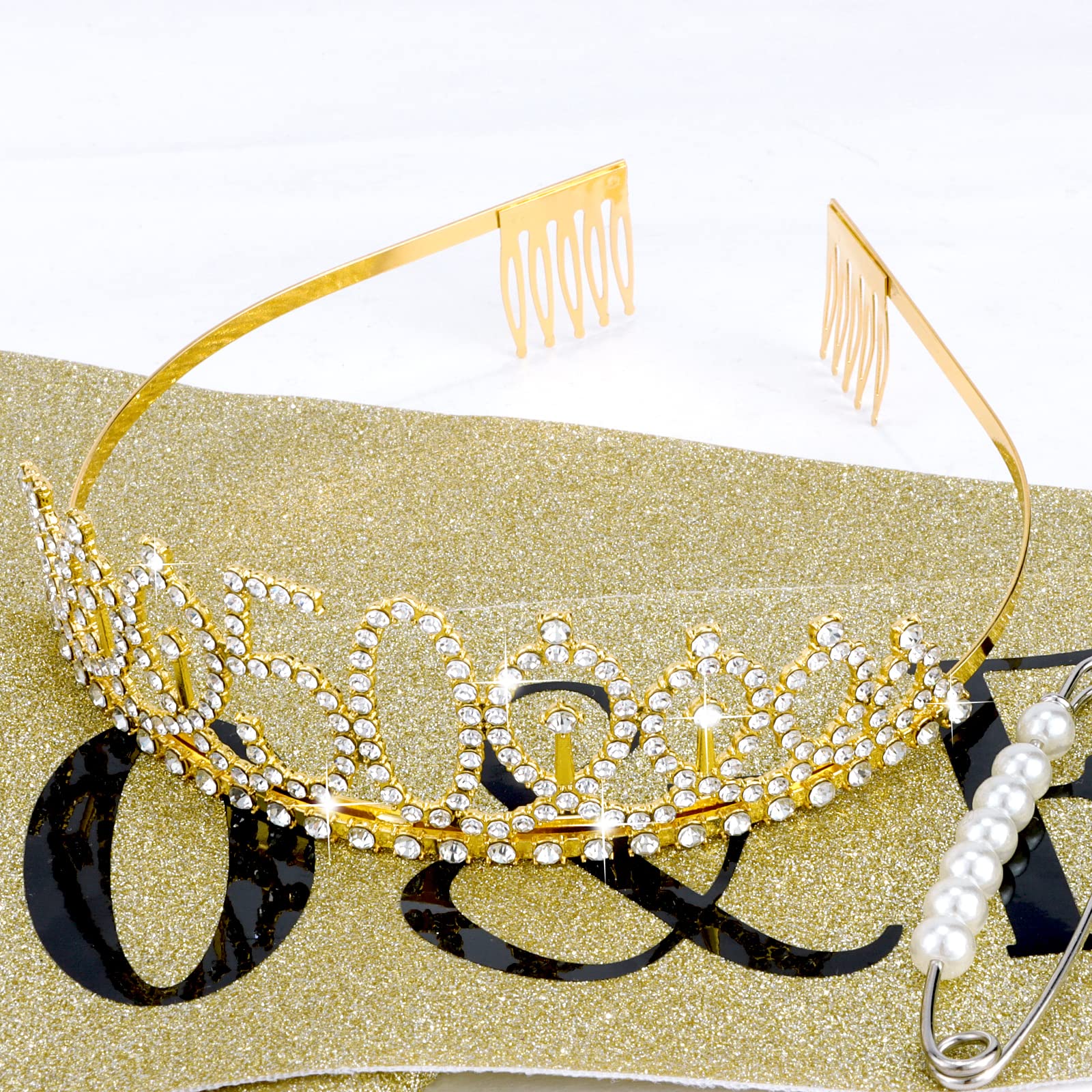 50th Birthday Celebration Set - Gold Pearl Pin, Crown, and Sash - Fabulous Party Favors for Women