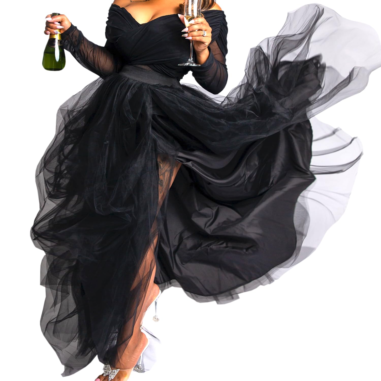 WDPL Women's Black Long Split Ruffles Tulle Special Occasion Skirt (XXXX-Large, Black3)
