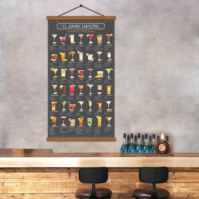 SAGUEYU Family Cocktail Guide Recipe Poster Painting on Canvas Wine Mixology Drink Wall Art Bar Pub Kitchen Dining Room Home Wall Decor 15.7 X 27 Inch (With Frame)