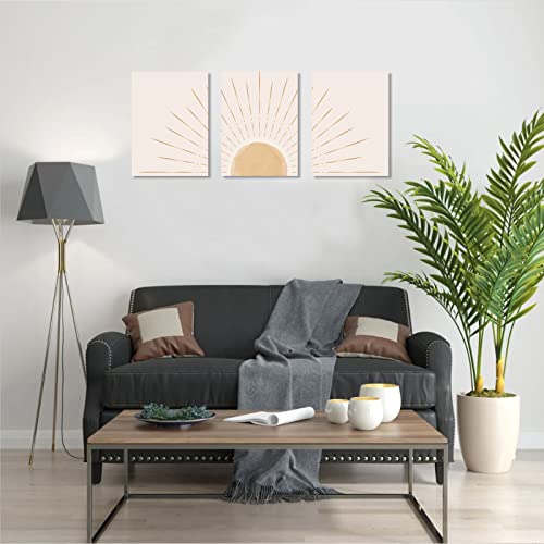 Boho Wall Art Set of 3, Framed Canvas Wall Art Yellow Sun Rising on the Horizon Geometric Nature Illustrations Line Art Wall, Mid-Century Modern Prints Boho Sun Wall Decor for Living Room, Bedroom, Bathroom, Office, 12"x16" Natural