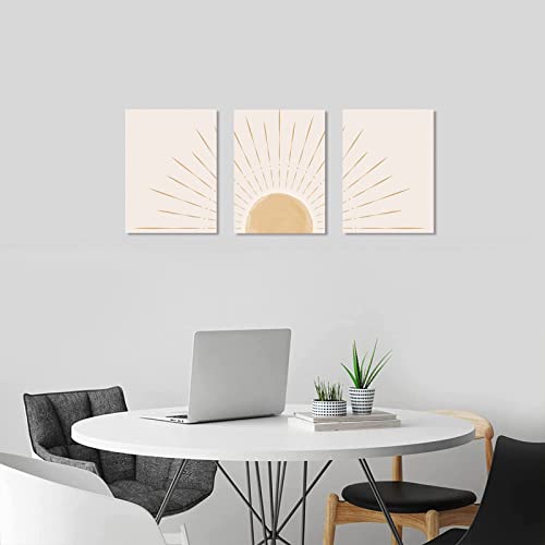 Boho Wall Art Set of 3, Framed Canvas Wall Art Yellow Sun Rising on the Horizon Geometric Nature Illustrations Line Art Wall, Mid-Century Modern Prints Boho Sun Wall Decor for Living Room, Bedroom, Bathroom, Office, 12"x16" Natural