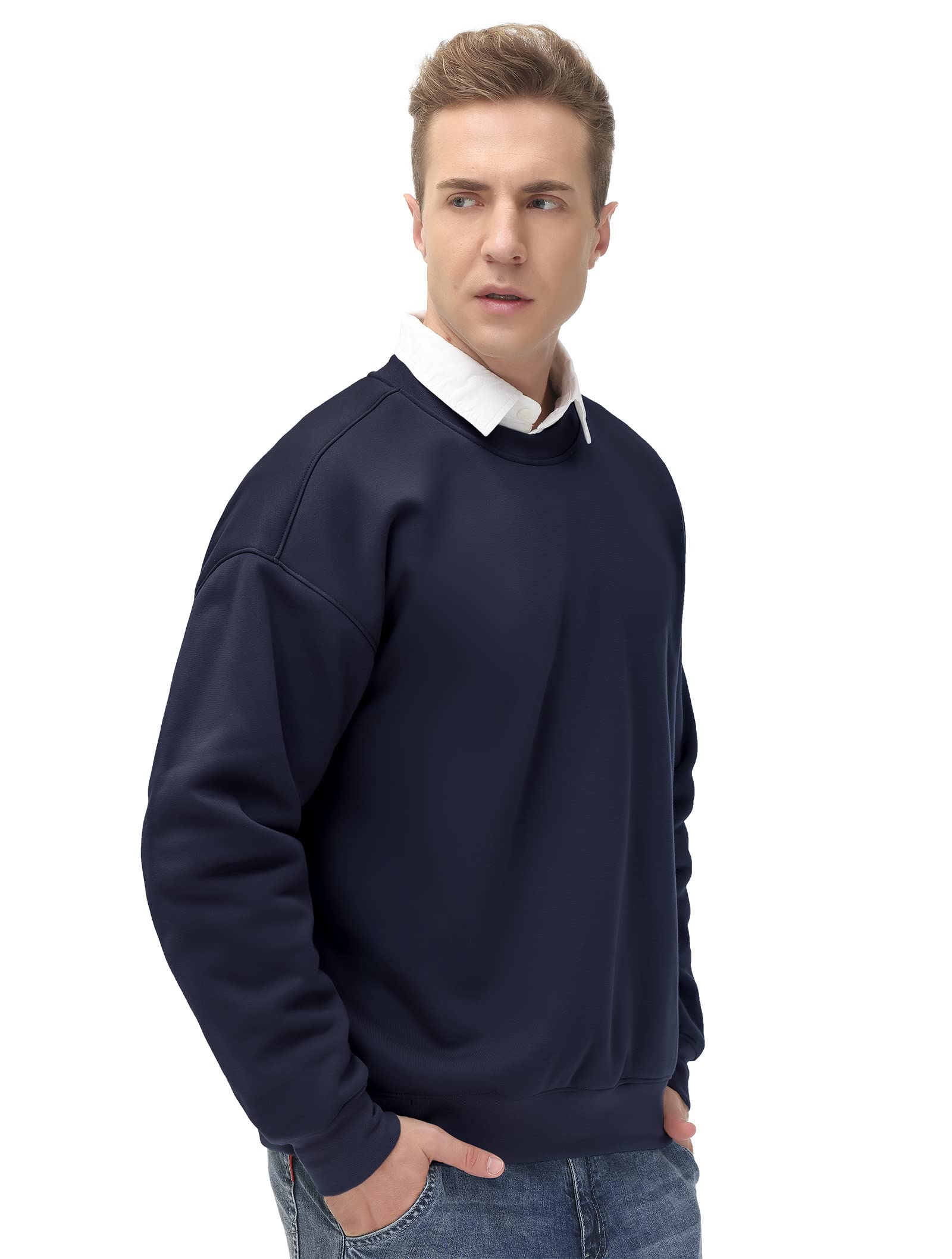 THE GYM PEOPLE Men's Fleece Crewneck Sweatshirt Thick Loose fit Soft Basic Pullover Sweatshirt(Navy Blue, Large)