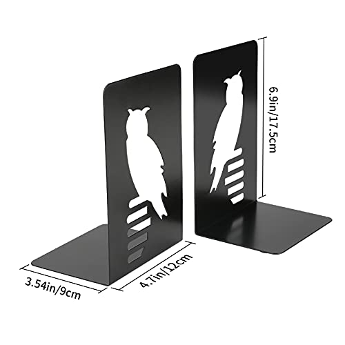 Bookends, Book Ends, Metal Bookend Heavy Duty Bookends for Shelve, Black Book Supports Non-Skid Book Stopper Cute Owl Bookshelf Holder for Office Home School, 1 Pair