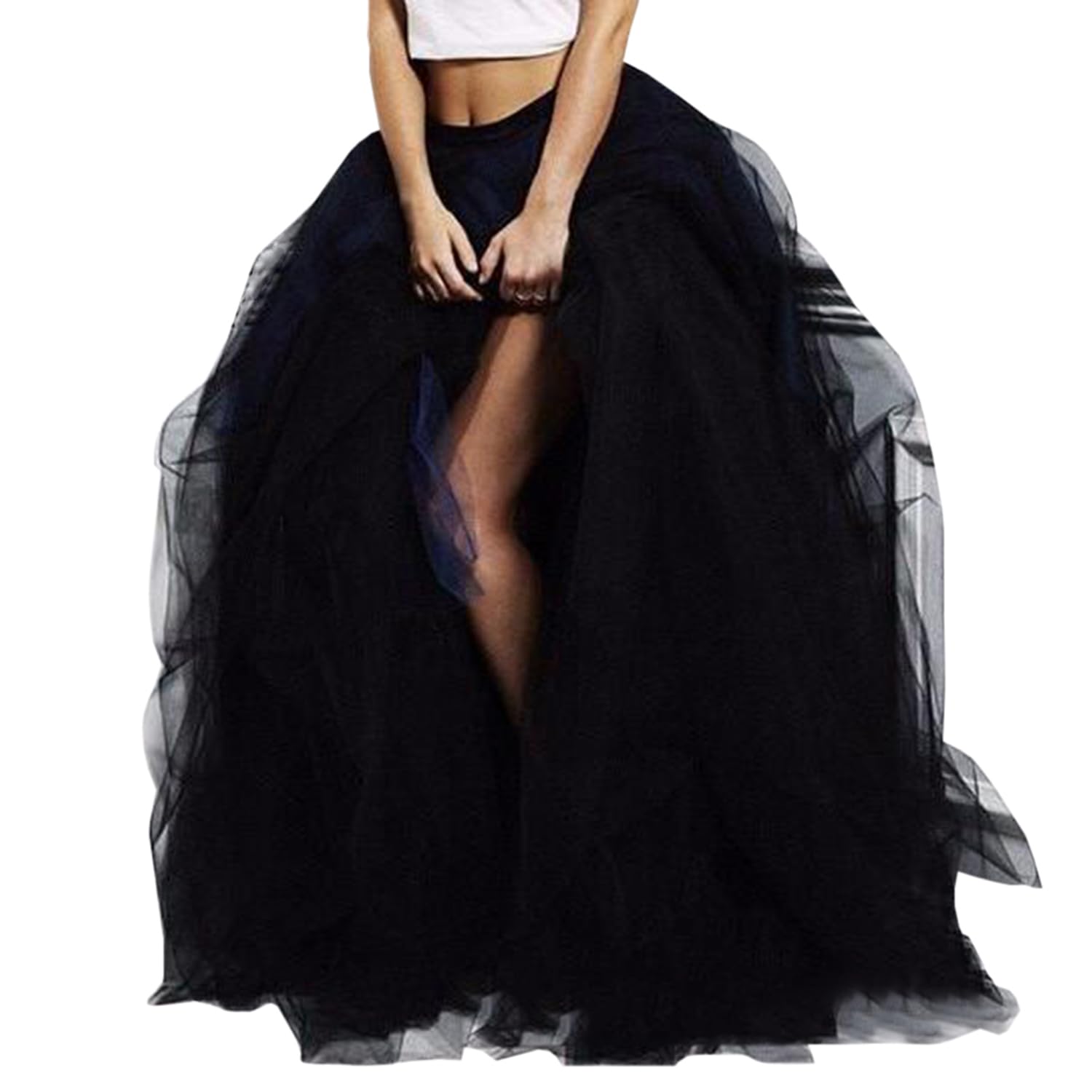 WDPL Women's Black Long Split Ruffles Tulle Special Occasion Skirt (XXXX-Large, Black3)