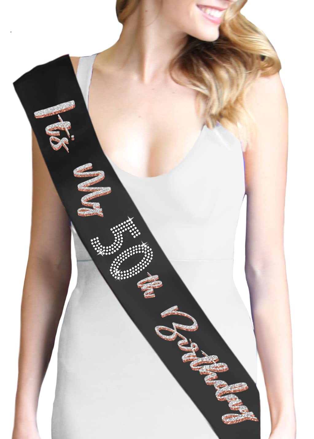 50th Birthday Sash - Premium GRADE SATIN & Real CRYSTAL Rhinestone It's My 50th Birthday Rose Gold & Silver Glitter Sash - Black Sash(ItsMy50Bday Gltr) BLK