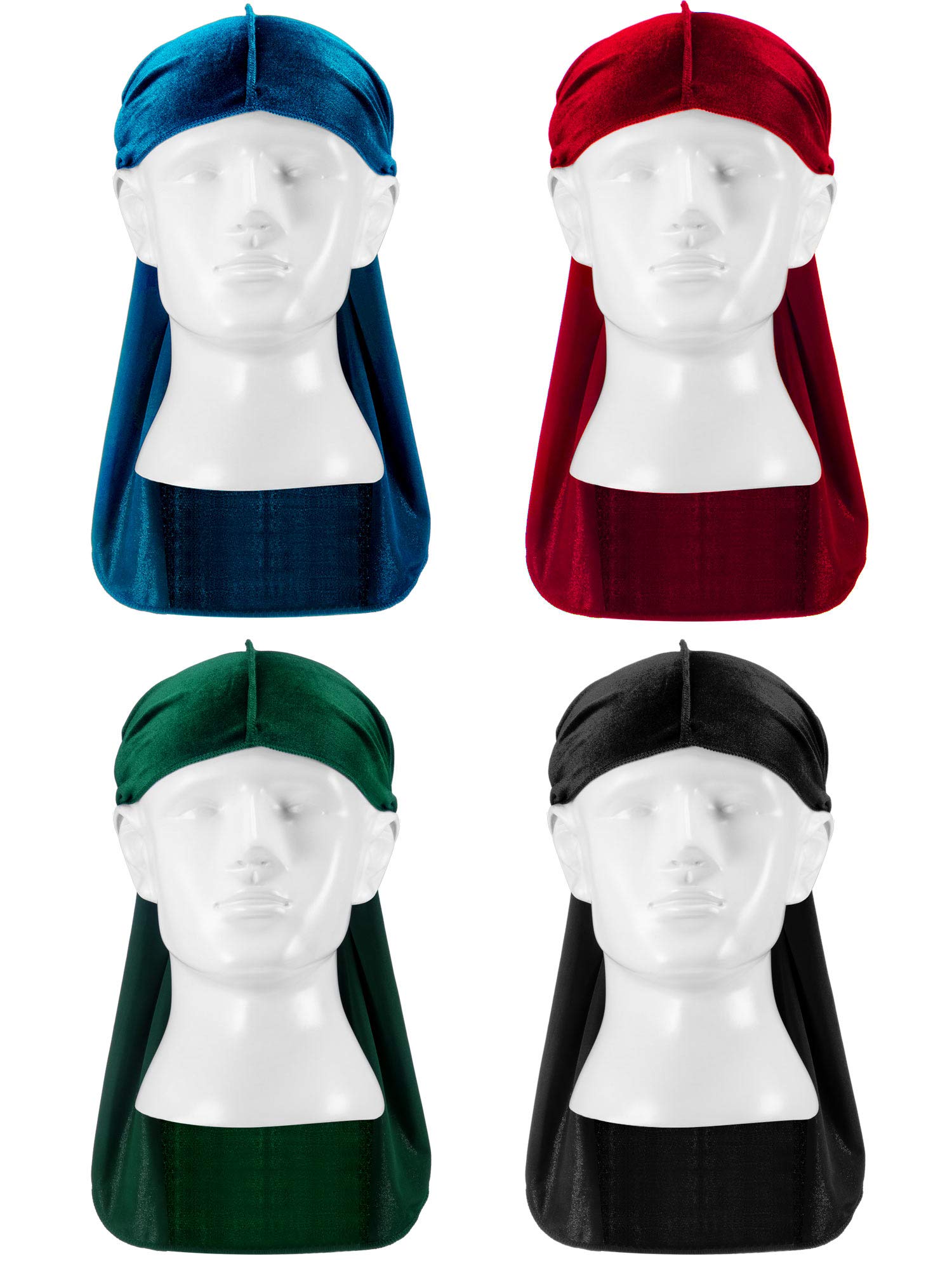 Tatuo 4 Pieces Men's Velvet Durag with Long Tail Soft Durag Headwraps for 360 Waves