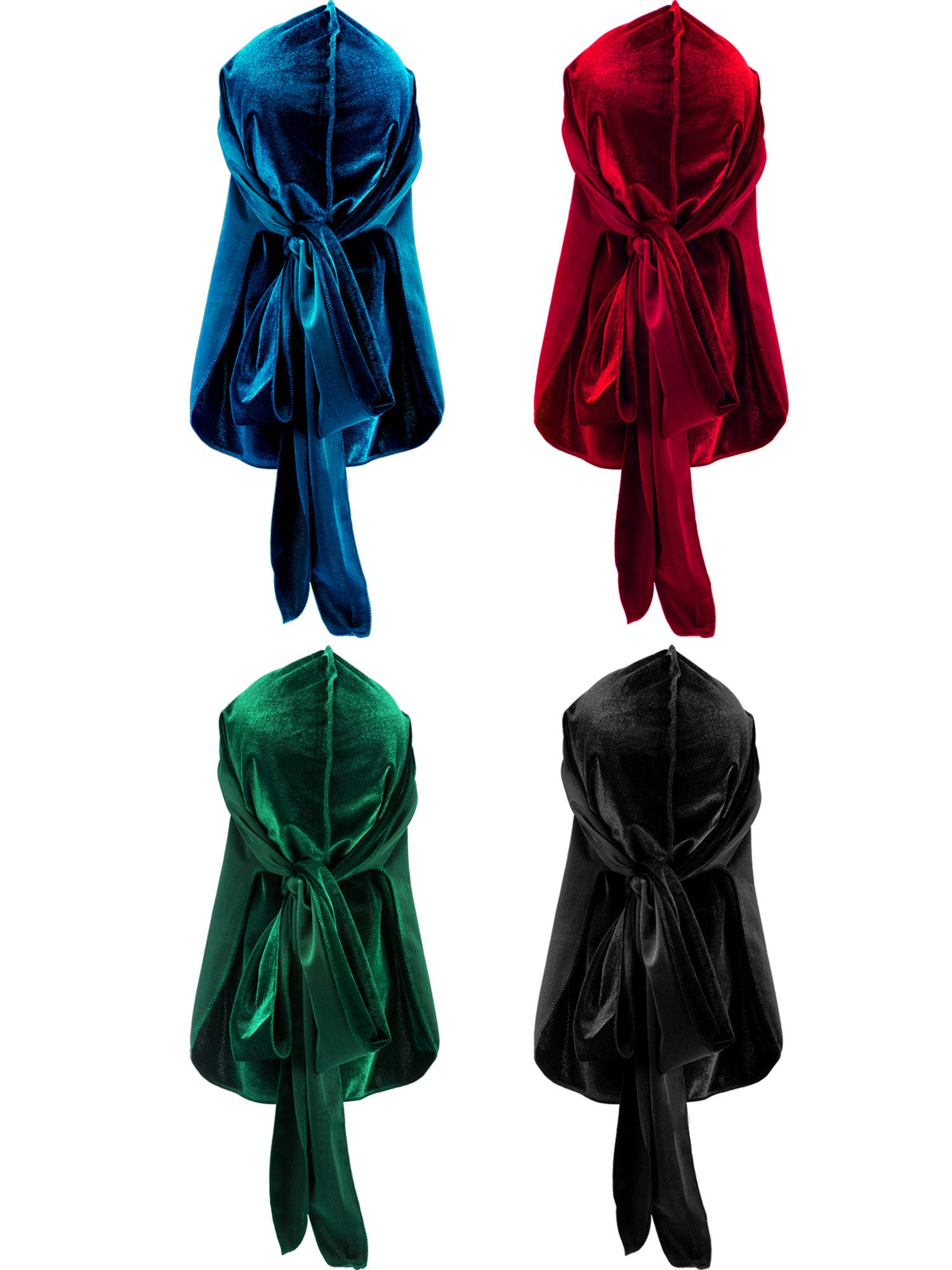 Tatuo 4 Pieces Men's Velvet Durag with Long Tail Soft Durag Headwraps for 360 Waves