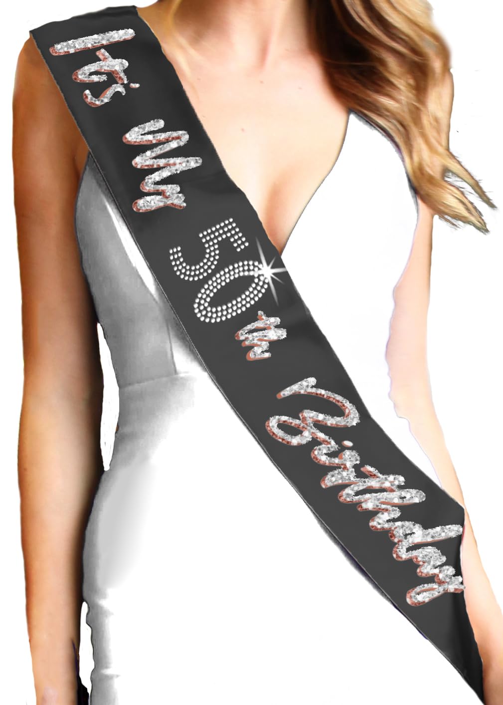 50th Birthday Sash - Premium GRADE SATIN & Real CRYSTAL Rhinestone It's My 50th Birthday Rose Gold & Silver Glitter Sash - Black Sash(ItsMy50Bday Gltr) BLK