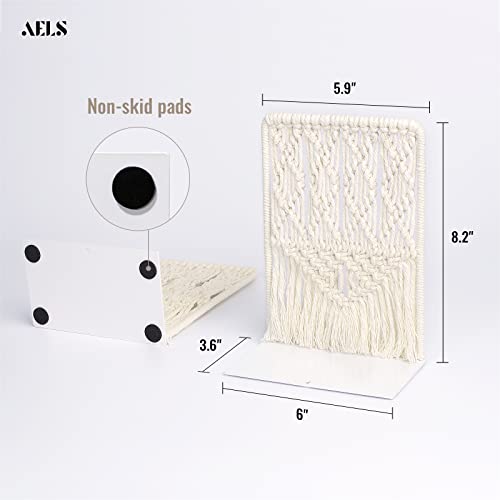 AELS Boho Macrame Bookends with Tassels, Heavy Duty Metal Book Ends, Decorative Unique Bookend Supports for Shelves, Stopper for Books/Movies/CD, Farmhouse Decoration
