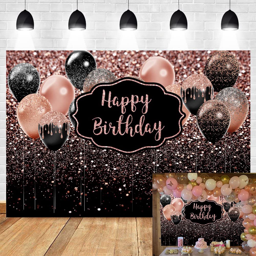 Pink Rose Gold Birthday Backdrop for Women Girls 18th 20th 30th 40th 50th 60th 70th Happy Birthday Background Black and Pink Glitter Balloon Birthday Party Photo Backdrop Banner 8x6ft