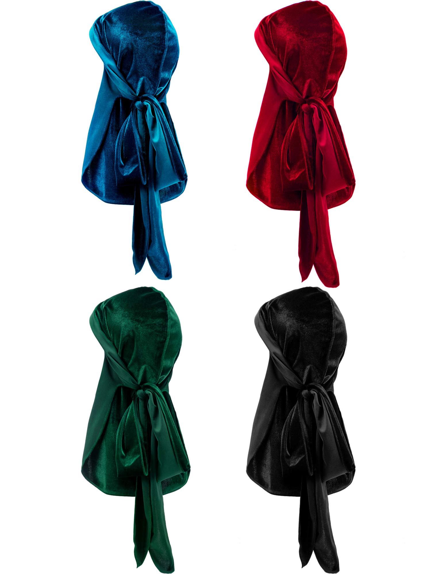 Tatuo 4 Pieces Men's Velvet Durag with Long Tail Soft Durag Headwraps for 360 Waves