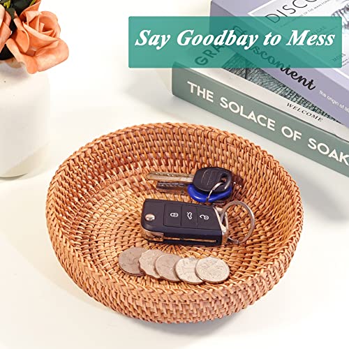 Small Round Key Bowl Woven Key Basket for Entryway Table Wicker Storage Basket for Remote Control, Wallet, Cell Phone, Catch All Bowl Tray for Small Item Display Basket for Candy Cracker and More