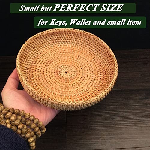 Small Round Key Bowl Woven Key Basket for Entryway Table Wicker Storage Basket for Remote Control, Wallet, Cell Phone, Catch All Bowl Tray for Small Item Display Basket for Candy Cracker and More
