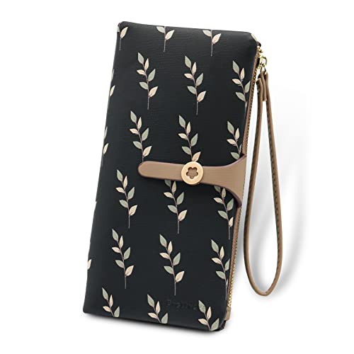 CornerLife Womens Large Wristlet Wallet Bifold with Floral Pattern Card Case Wallet Checkbook Organizer Clutch with Zipper Phone Pocket Girls Cute wallets (Black)