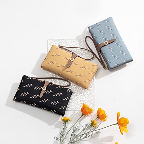 CornerLife Womens Large Wristlet Wallet Bifold with Floral Pattern Card Case Wallet Checkbook Organizer Clutch with Zipper Phone Pocket Girls Cute wallets (Black)