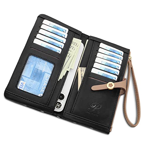 CornerLife Womens Large Wristlet Wallet Bifold with Floral Pattern Card Case Wallet Checkbook Organizer Clutch with Zipper Phone Pocket Girls Cute wallets (Black)