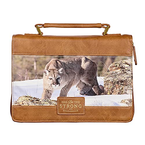 Christian Art Gifts Classic Faux Leather Bible Cover: Be Strong and Courageous - Joshua 1:9 Inspirational Bible Verse with Mountain Lion, Toffee Brown, Medium