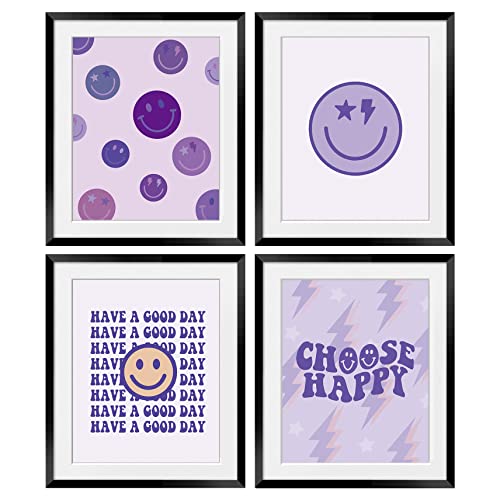 OGILRE Purple Smiley Face Inspirational Quotes Choose Happy Wall Art Decorations Prints, Lightning Boho Poster, 8x10 Inch 4 Set Unframed