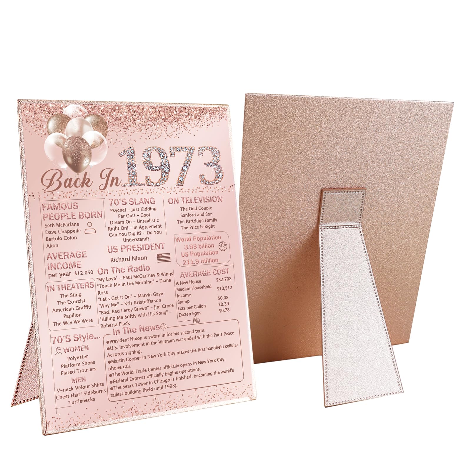 Vlipoeasn Pink 51st Birthday Anniversary Table Decoration 1973 Poster for Women, Rose Gold Back in 1973 Table Sign with Stand, 51 Year Old Birthday Party Centerpieces Gift Supplies