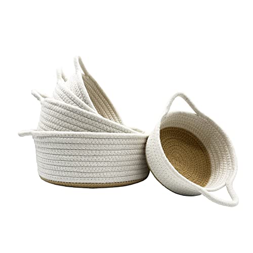 BSMstone 5-Piece Round Small Woven Baskets Set - 100% Natural Cotton Rope Baskets with HandlesKids Montessori Toys, Key Tray,Bowl for Entryway, Jewelry Remote Fruits Desk Home Decor…