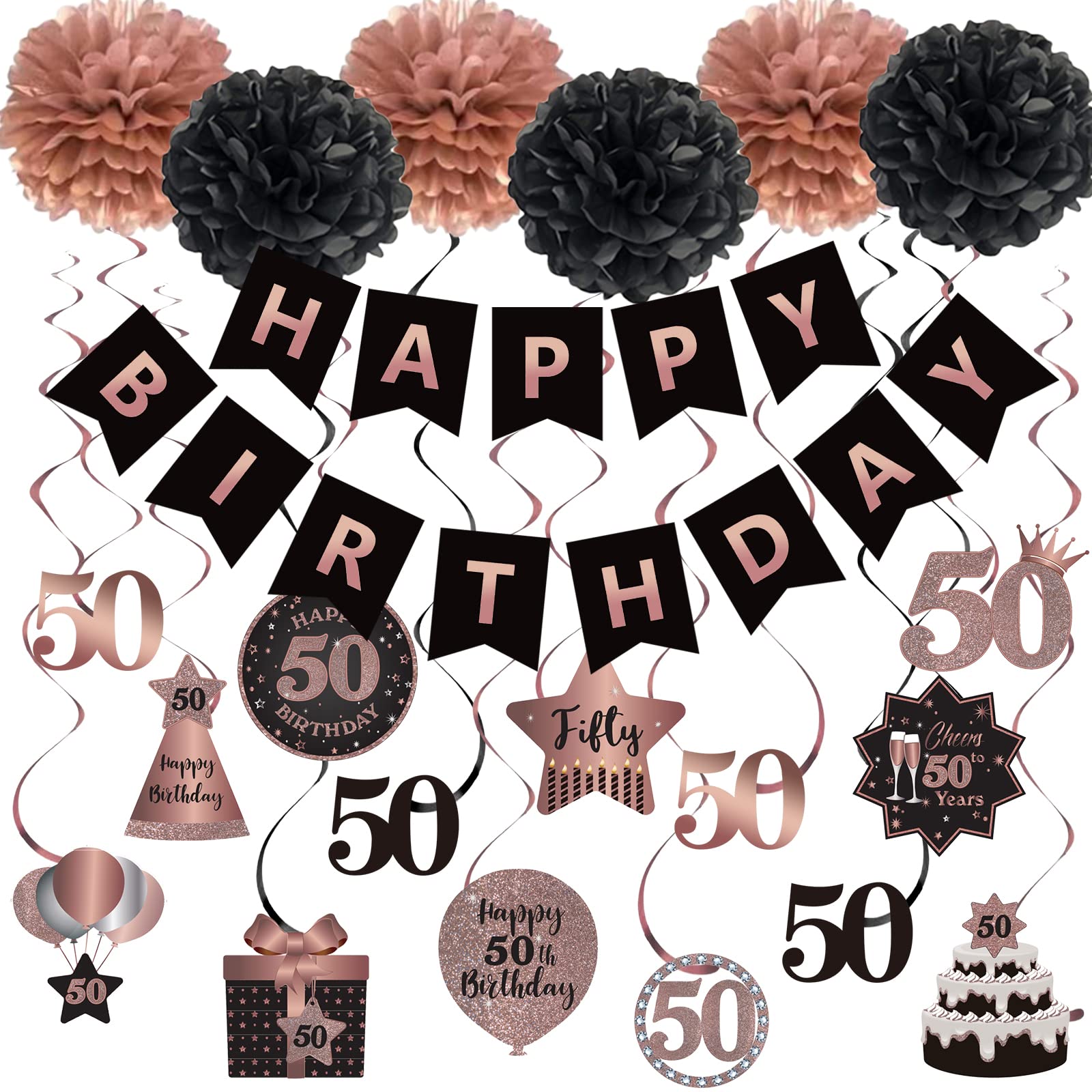 BRT Bearingshui Happy 50th Birthday Hanging Swirls Streamers Decoration Set, Happy Birthday Banner with Tissue Pompoms, Rose Gold and Black 50 Years Old Birthday Party Hanging Backdrop Decorations