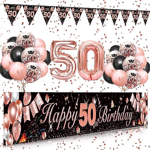 CheeseandU 18th/21th/30th/40th/50th Birthday Decorations for Women, Rose Gold Happy 18th/21th/30th/40th/50th Birthday Banner Yard Sign with Black Rose Gold Confetti Birthday Balloons for
