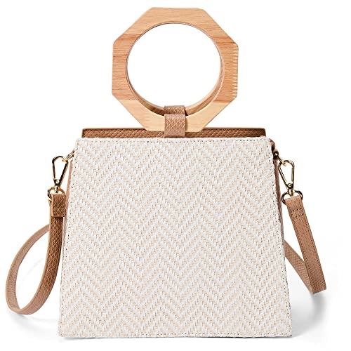 Like Dreams Women Straw Woven Vegan Leather Satchel Bag Wooden Top Handle Fashion Crossbody Purse (Cream)