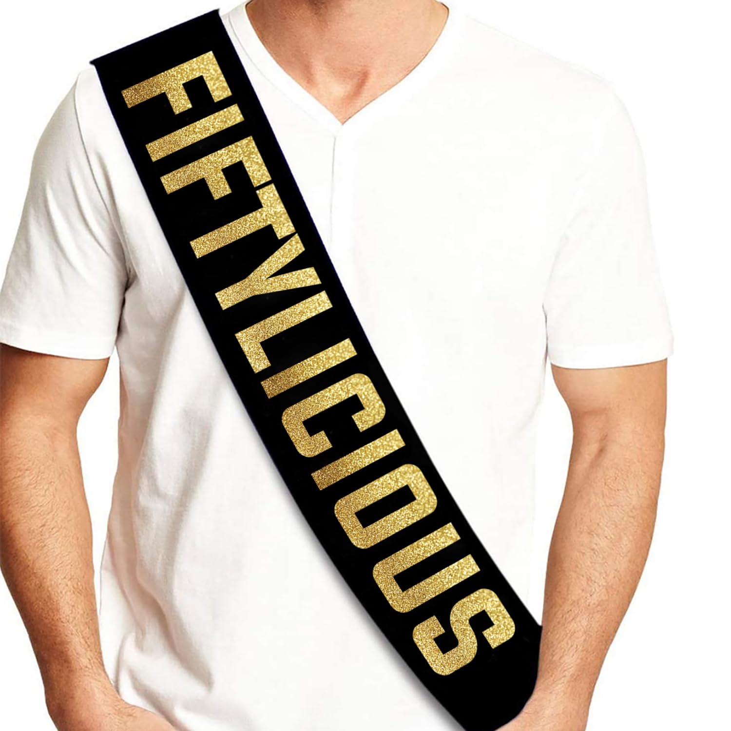 Fiftylicious Black and Gold Glitter Satin Sash - Happy 50th Birthday Party Supplies, Ideas and Decorations