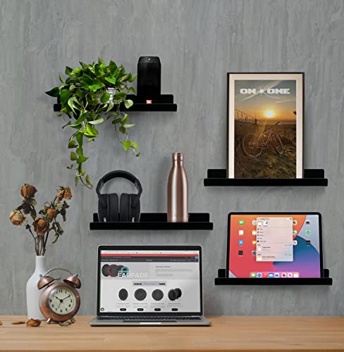 BRAINWAVZ 2-Pack 15" Floating Acrylic Wall Shelf for Speakers, Books, Decor, Plants, Cameras, Photos, Kitchen, Bathroom, Routers & More Universal Small Holder Shelves (Black)