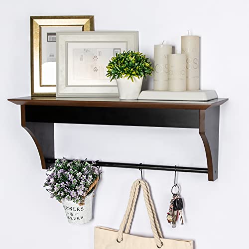 Homaterial Floating Shelf with Hooks, Coat Rack Wall Mount with Shelf, Wall Shelf for Entryway, Bathroom, Kitchen Shelf, Rustic Wood Shelf with 4 Vintage Metal Hooks