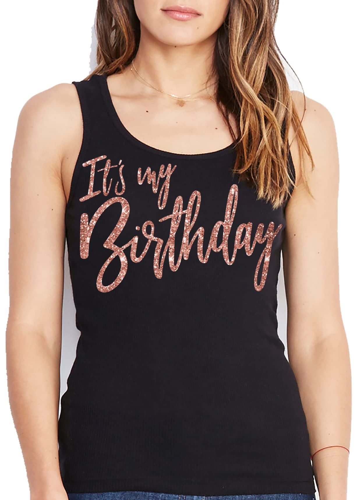 Womens Birthday Shirt - Rose Gold Sparkle Glam It's My Birthday Tank Top - Rose Gold Birthday Shirts - Medium - Black Tank(RG GlmIMB) Md