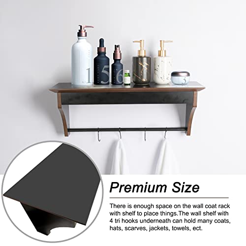 Homaterial Floating Shelf with Hooks, Coat Rack Wall Mount with Shelf, Wall Shelf for Entryway, Bathroom, Kitchen Shelf, Rustic Wood Shelf with 4 Vintage Metal Hooks