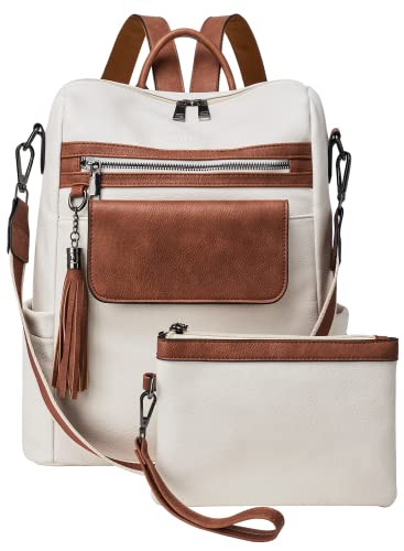CASEEK Womens Backpack Purse Leather: Fashion Convertible Ladies Shoulder Bag Waterproof Anti theft with Wristlet (Beige With Brown)