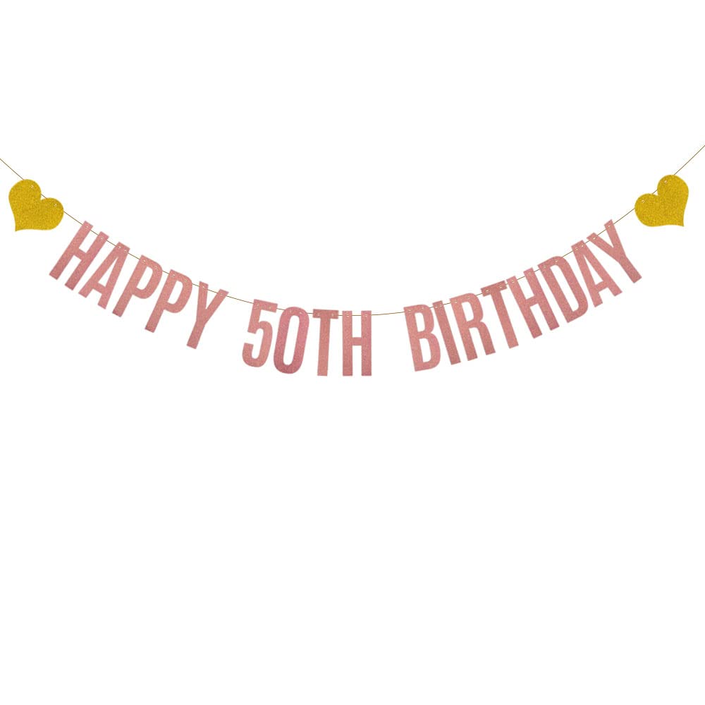 ABCpartyland Rose Gold Glitter Paper Happy 50th Birthday Banner,50th Birthday Party Decorations Supplies, Pre-Strung,Letters Rose Gold HAPPY 50TH BIRTHDAY