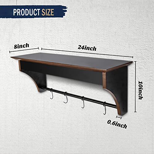 Homaterial Floating Shelf with Hooks, Coat Rack Wall Mount with Shelf, Wall Shelf for Entryway, Bathroom, Kitchen Shelf, Rustic Wood Shelf with 4 Vintage Metal Hooks