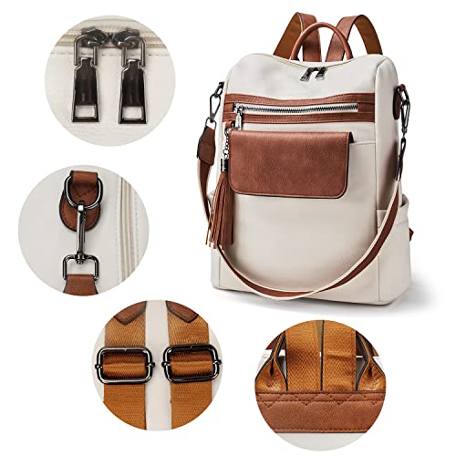 CASEEK Womens Backpack Purse Leather: Fashion Convertible Ladies Shoulder Bag Waterproof Anti theft with Wristlet (Beige With Brown)