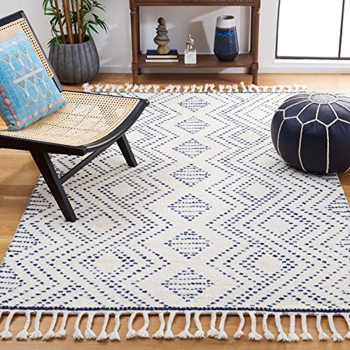 SAFAVIEH Natura Collection Accent Rug - 4' x 6', Ivory & Blue, Handmade Moroccan Boho Farmhouse Tribal Braided Tassel Wool, Ideal for High Traffic Areas in Entryway, Living Room, Bedroom (NAT184M)