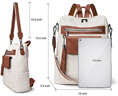CASEEK Womens Backpack Purse Leather: Fashion Convertible Ladies Shoulder Bag Waterproof Anti theft with Wristlet (Beige With Brown)