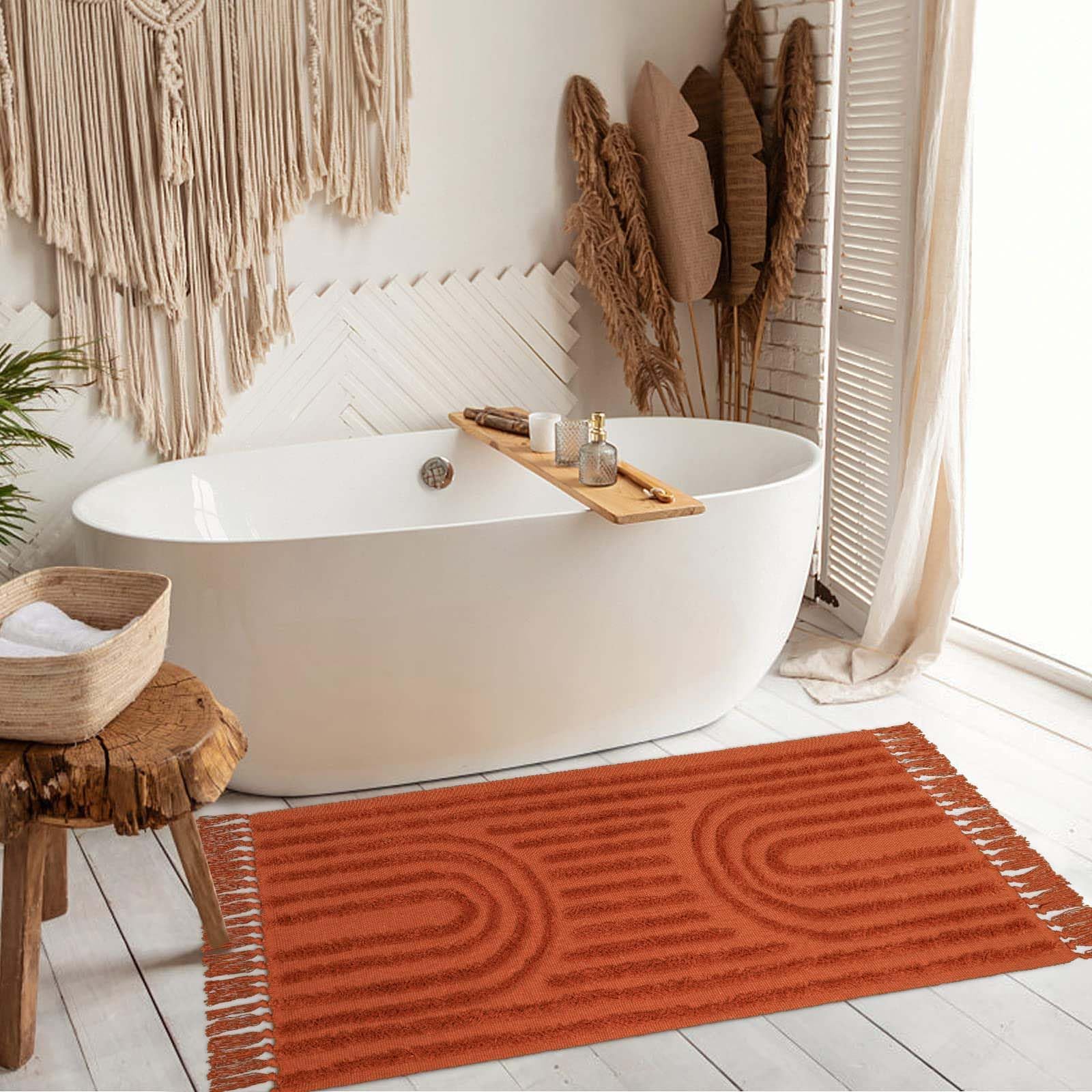LEEVAN Washable Kitchen Rug 2'x4.3', Boho Hand-Woven Entryway Rug, Terracotta Rainbow Bedroom Rug with Tassels, Farmhouse Tufted Bathroom Rugs, Bohemian Rugs for Bedside/Laundry/Nursery