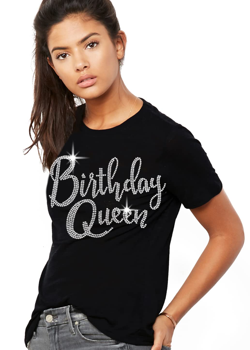 Birthday Tees for Women - Rhinestone Girly Birthday Queen T-Shirt - Birthday Party Shirts - X-Large - Black Tee(Queen RS) Blk/XL